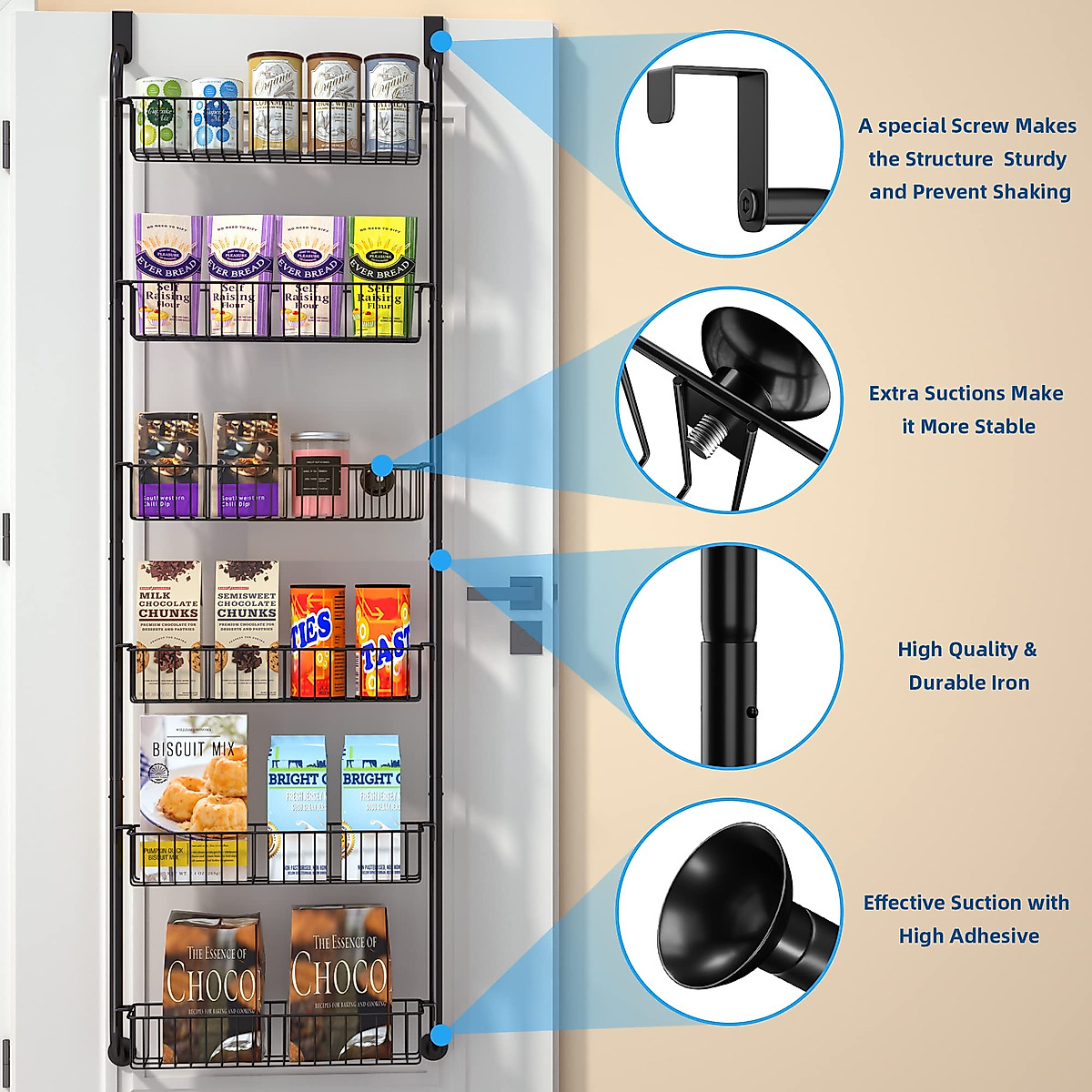 OTTOLIVES 6-Tier Over the Door Pantry Organizer Rack, Door Shelf Organizer with 6 Full Baskets, Heavy-Duty Metal Hanging Storage Door Spice Rack - Storage, Closet, Bathroom, Kitchen