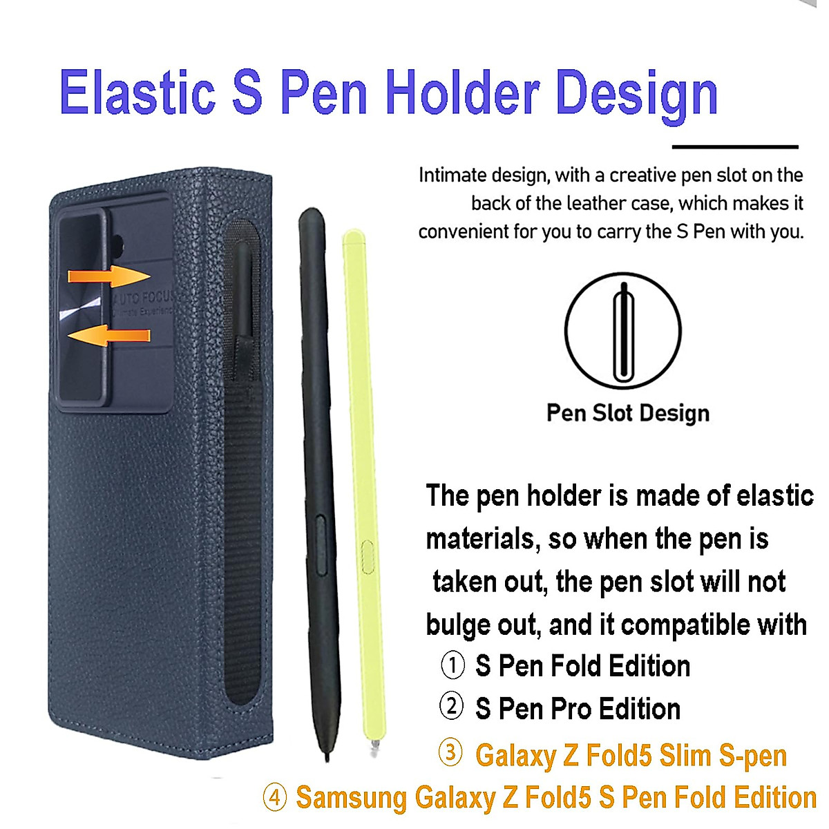 Woluki for Samsung Galaxy Z Fold 5 Case with S Pen Holder, Genuine Leather Wallet Case Built-in Slide Camera Cover, Hinge Protection, Kickstand, Stylus Slot Phone Case for Galaxy Z Fold5 5g (Blue)