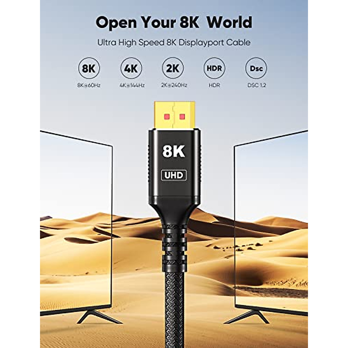 Snowkids 8K DisplayPort Cable 1.4 6.6FT, Display Port Cable 144hz,Ultra High Speed 32.4Gbps, DP Cable 8K@60hz, 4K@144Hz, 1080P@240hz, HDR, HBR3 Display Port Cord for Laptop/PC/TV/Gaming Monitor-Black