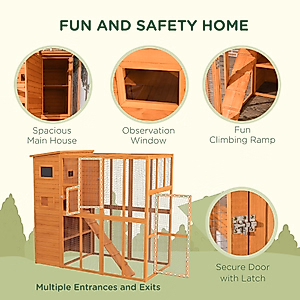 PawHut Outdoor Catio, Cat House Wooden Feral Cat Shelter, Cat Cage with Platforms, Waterproof Asphalt Roof, Ramps, 77" L, Natural