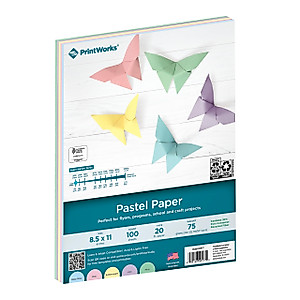 Printworks Pastel Paper, 20 lb, 5 Assorted Pastel Colors, 30% Recycled Color Printer Paper, SFI Certified, Perfect for School and Craft Projects, 100 Sheets, 8.5 x 11 Inch (00577)