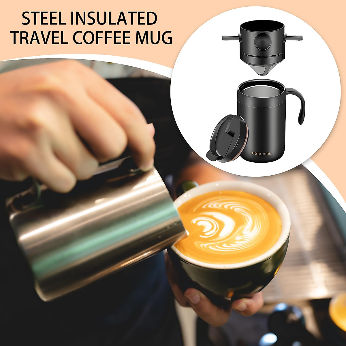 Vacuum Insulated Tumbler - Travel Coffee Mug Leak-Proof Lid | Coffee Mug | Heat Resistant 304 Stainless Steel | 2-Layer Non-Slip Base Drinkware for 12+ Hours Cold & 6+ Hours Hot Beverage Retention
