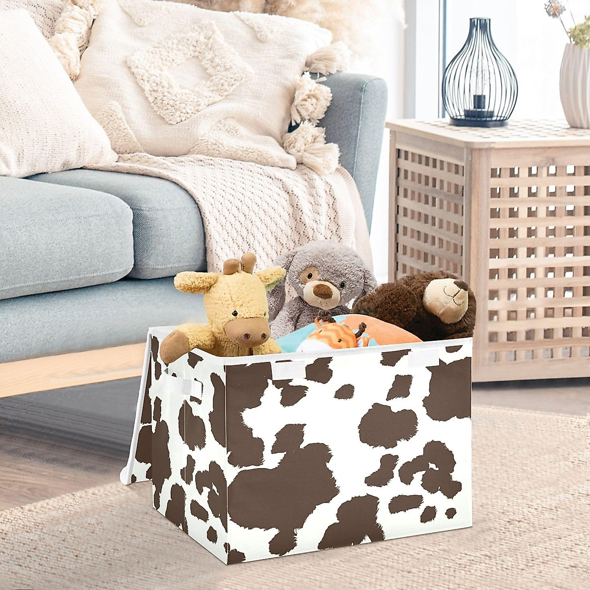 ALAZA Collapsible Large Storage Bin with Lid, Brown Cow Print Foldable Storage Cube Box Organizer Basket with Handles, Clothes Blanket Box for Shelves, Closet, Nursery, Playroom