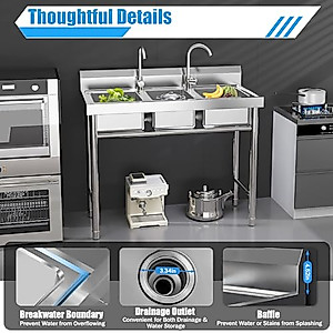 3 Compartment Commercial Utility Sink, 304 Stainless Steel Laundry Tub Culinary Sink, Freestanding Prep & Utility Washing Sink with 2 Faucets, Restaurant Sink Station for Outdoor Indoor