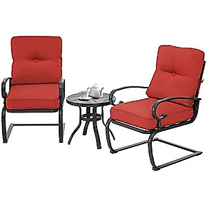 CrownLand 3 Piece Patio Furniture Outdoor Bistro Set Metal Action Lounge Cushioned Chairs and Bistro Round Table Set, Wrought Iron Cafe Furniture Set,Red
