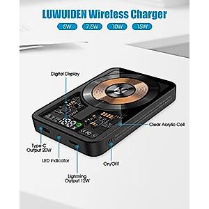 LUWUIDEN 5000mAh Magnetic Wireless Power Bank, Transparent Portable iPhone Charger, Ultra Slim Battery Pack w/LED Display, Emergency Wireless Charger, 20W PD Fast Charge for iPhone 14/13/12 Series