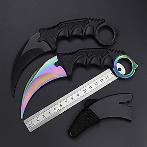 LDIWEE Karambit Knife, CS-GO Game Knife Fixed Blade Knife, Stainless Steel Knife with Sheath and Cord for Camping Hunting Hiking Adventure Collection - Rainbow and Black