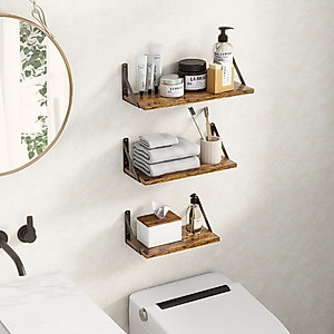 Fun Memories Floating Shelves Wall Mounted Set of 3, 16.5 Inch Natural Wood Wall Shelves, Decor Storage Shelf for Bedroom Bathroom Living Room Office Pictures Plants Books Cats TV (Rustic Brown)