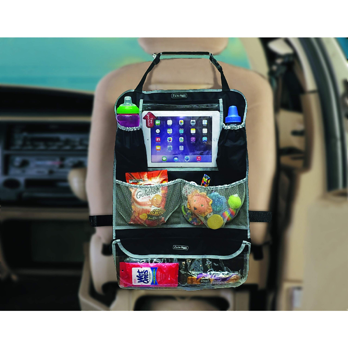 Jeep J is Deluxe Backseat Car Organizer, Kickmat Seat Protector, Universal Design with Pockets, Bottle Holder, Touch Screen Enabled Tablet Holder and Removable Travel Pouch, Snack, Toys, Gadget