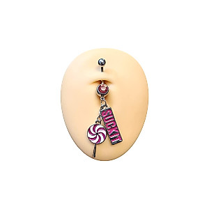14G Belly Ring Pink CZ Gem 316L Surgical Steel Suck It Dangle Belly Button Rings Pink Lollipop Dangle Sexy Letters Belly Piercings Jewelry 7/16" (11mm)