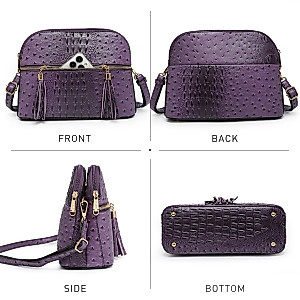 Dasein Women Tassel Zipper Pocket Crossbody Bag Shoulder Purse Fashion Travel Bag with Multi Pockets(Ostrich Purple)