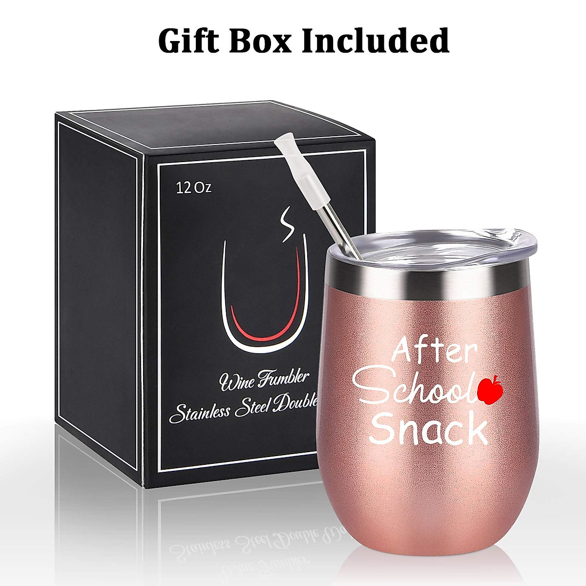 Teacher Gifts-After School Snack Wine Tumbler, Funny Teacher Appreciation Christmas Year End Graduation Gifts for Teacher, Thank You Gifts for Teacher, 12oz Insulated Stainless Steel Tumber, Rose Gold
