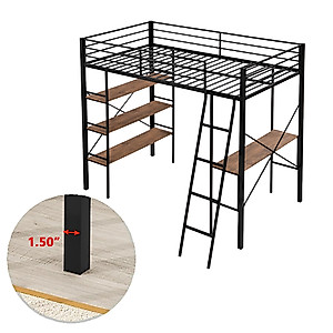 Kids Metal Loft Bed Twin Size, Twin Loft Bed with Desk and Storage, Twin Size Loft Bed with Full Length Guardrail and Ladder, Heavy Duty Loft Bed for Kids, (Twin Black)