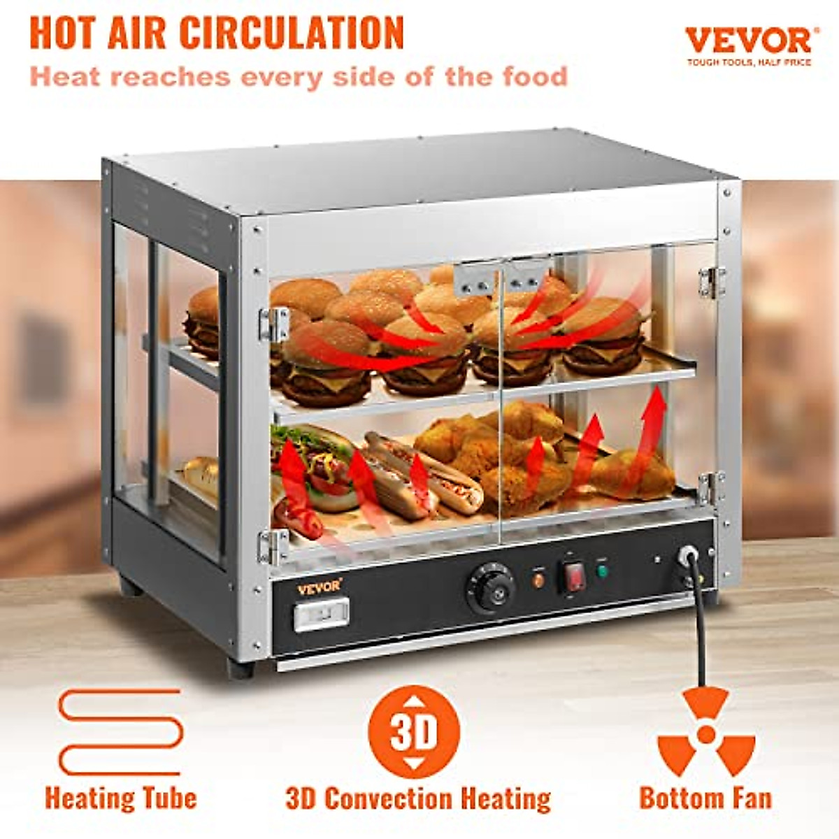 VEVOR Commercial Food Warmer Display, 2 Tiers, 800W Pizza Warmer w/ 3D Heating 3-Color Lighting Bottom Fan, Countertop Pastry Warmer w/Temp Knob & Display 0.6L Water Tray, Stainless Frame Glass Doors