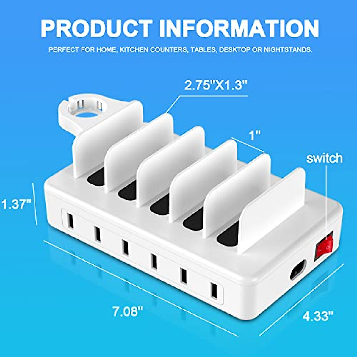 CREATIVE DESIGN Charging Station for Multiple Devices, 50W 6 Ports Charging Dock with 6 Cables Compatible with Cellphone,Tablet, Kindle, Apple Watch and Other Electronic