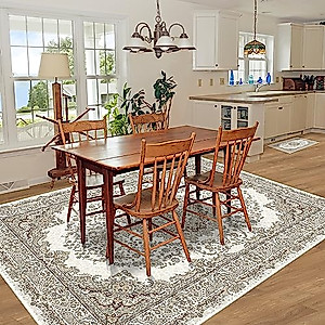 Area Rug Living Room Rugs: 8x10 Washable Oriental Persian Carpet for Bedroom Under Dining Table Large Farmhouse Floral Distressed Indoor Non Slip Decor Home Office Nursery - Beige