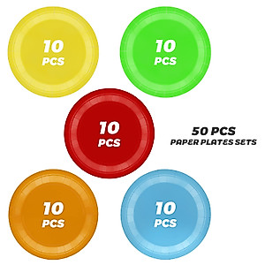 hapray 50 PCS 9" Disposable Paper Plates for Dinner and Dessert, Colorful Party Supplies Pack, for Birthday Baptism Baby Shower Valentines Day Gifts for Kids Classroom
