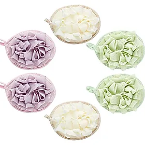 6 Pieces Bath Shower Loofah Pouf Sponge Mesh Pouf Shower Ball Exfoliating Body Loofah Pad Shower Scrubber Ball Shower Glove with Flower Bath Ball (Beige, Green, Purple)
