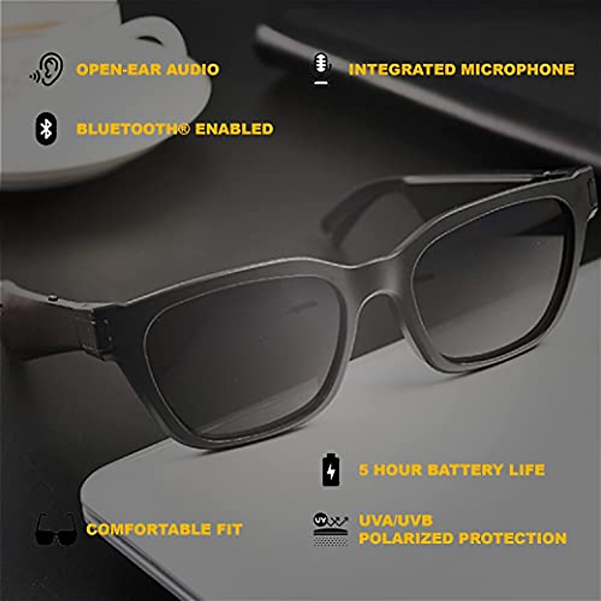 Flows Bandwidth - Smart Bluetooth Audio Sunglasses with Open Ear Headphones - Voice Control - Polarized UVA/UVB Lenses - For Men and Women - Prescription (Rx) Ready - Bruno Frames (Black)