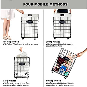 Wire laundry Basket with Wheels & Removable Liner Bag for Bedroom, Small 72L Laundry Hampers Black Rolling Baskets Dirty Clothes Hamper on Wheels Cesto de Ropa Sucia Canastos Para Ropa Sucia