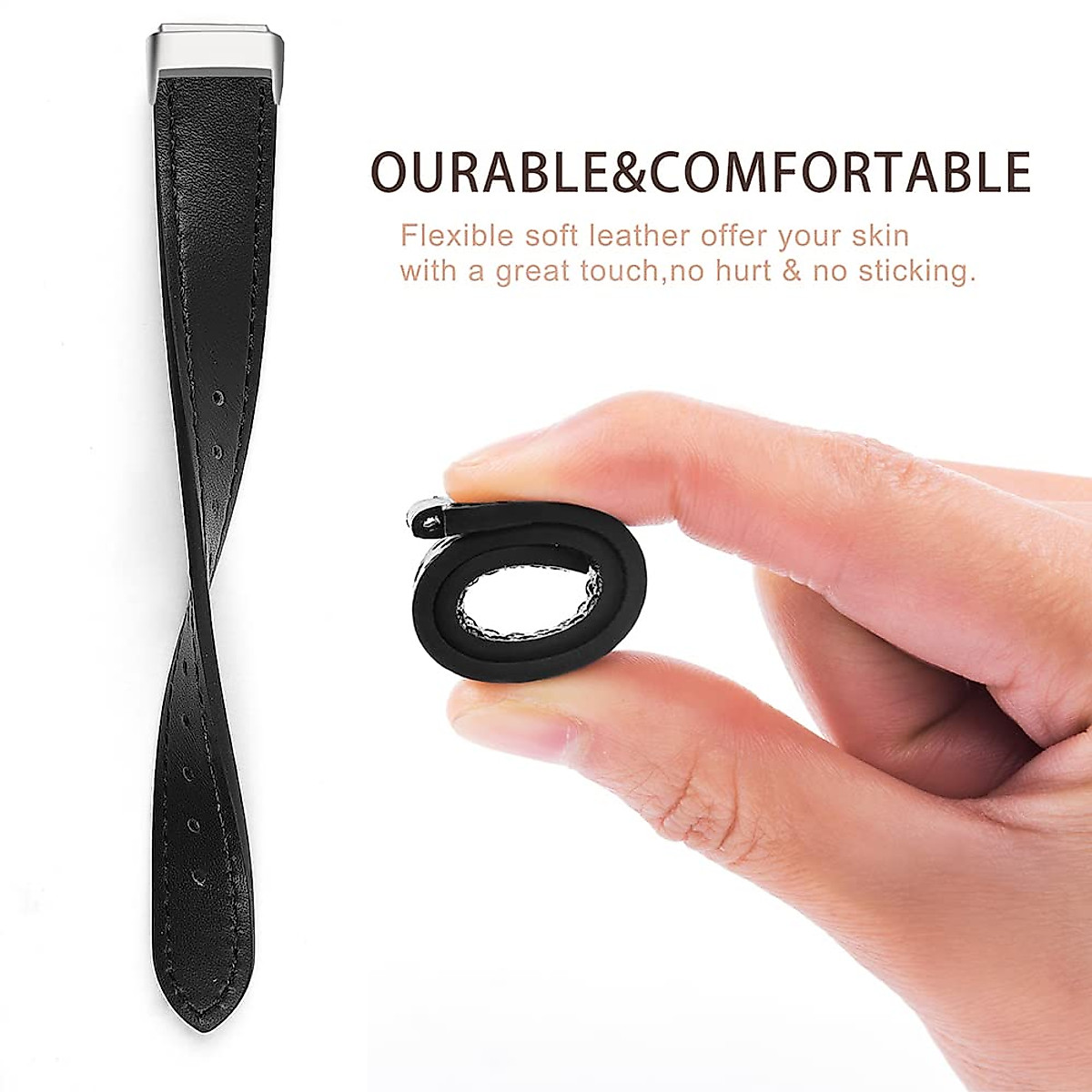 Compatible with Fitbit Luxe Band, Genuine Leather Watch Bands Soft Replacement Wristband for Women, Slim Bracelet Band Strap Accessories for Luxe Fitness and Wellness Tracker-Black