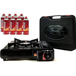 Portable Butane Gas Stove & 8 Pack Butane Canisters Complete Set With Carrying Case - Full Stainless Steel Body Electronic Ignition for Outdoor Camping Tailgating Backyard
