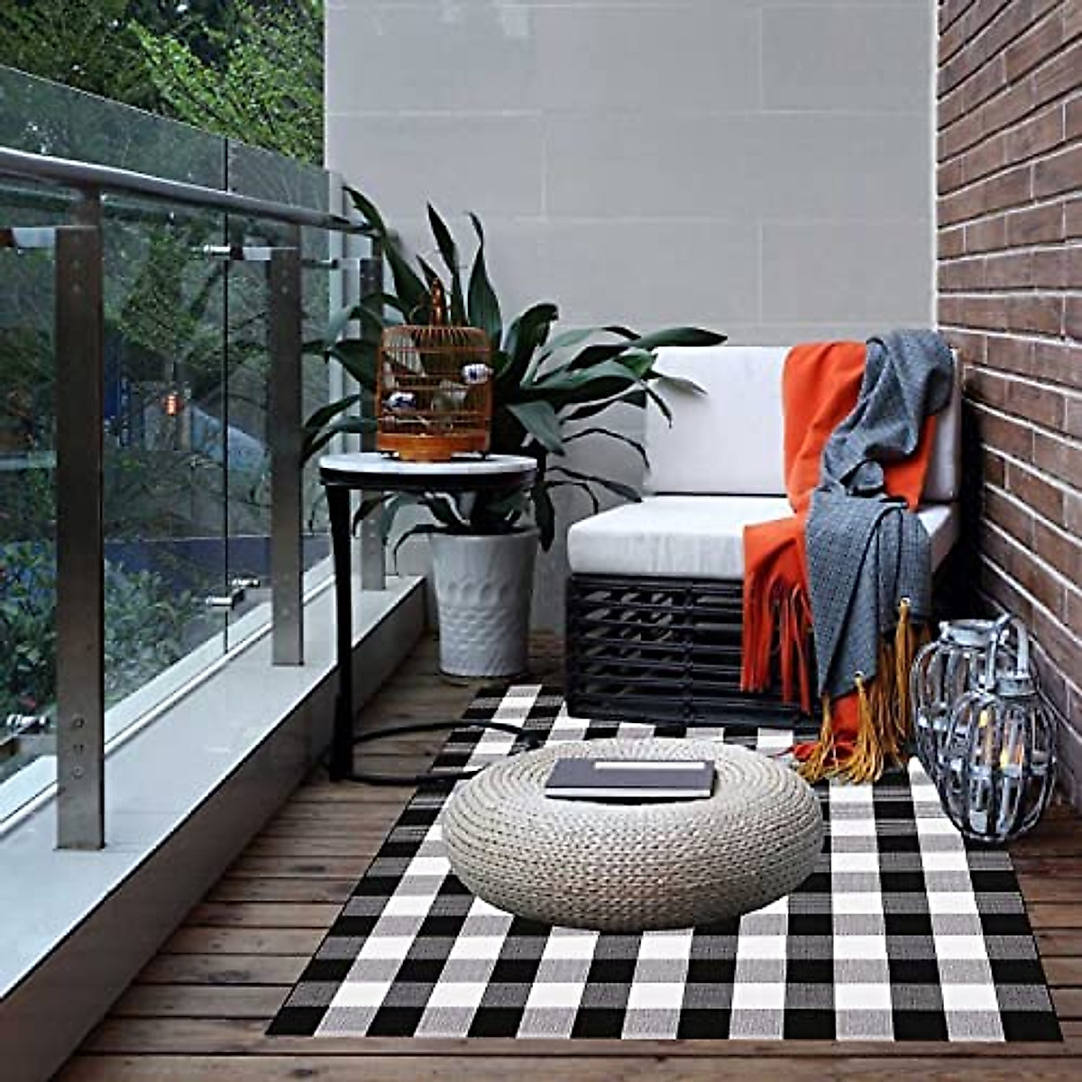 HOYIJA Buffalo Plaid Outdoor Rug 5 'x 7' Black and White Checkered Rug,Cotton Hand-Woven Indoor or Outdoor Check Large Area Rugs, Washable Rugs for Living Rooms/Dining Room/Bedroom/Farmhouse (5＇×7＇)