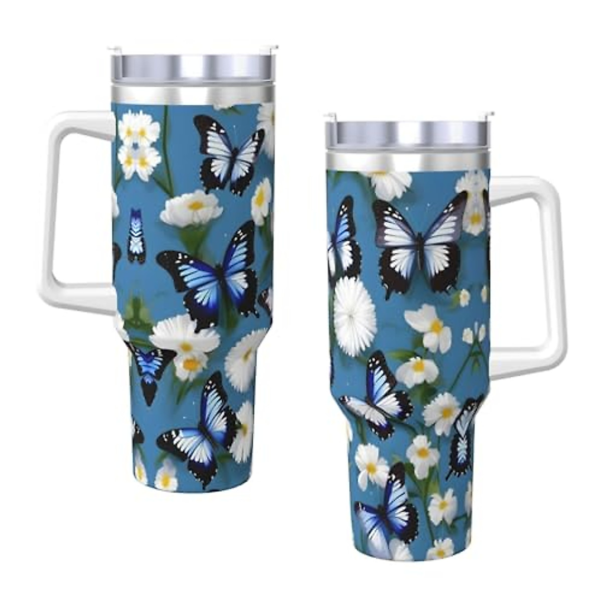 HULIBIN Blue Butterflies White Flowers Print Double Deck Stainless Steel Travel Coffee Cup With Lid 40 Oz Ice Bully Cup