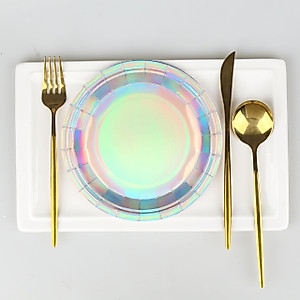 Pandecor 50 Pieces 7 Inches Disposable Paper Plates,Cakes Dessert Salad Pizza Holographic Rainbow Silver Round Plates Birthday Party Decorations Wedding Anniversary Christmas (Holographic)