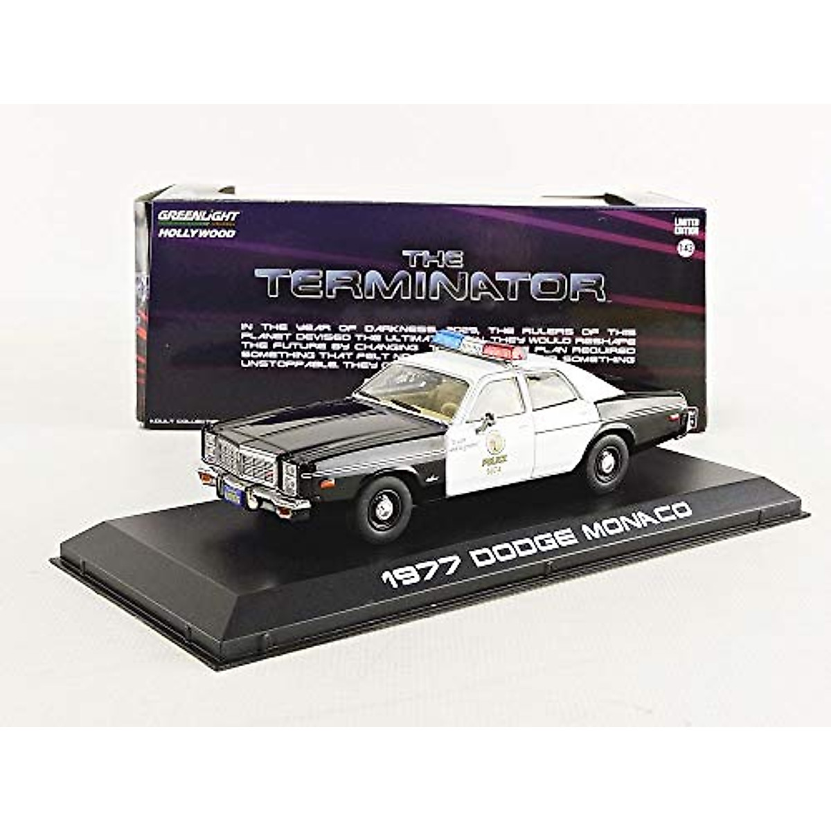 Greenlight 1977 Dodge Monaco Metropolitan Police The Terminator (1984) Movie 1/43 Die-cast Model Car 86534, Black/White