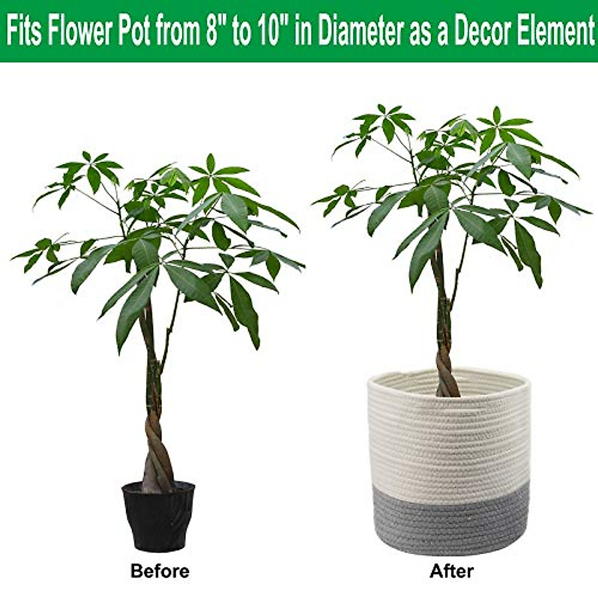 Finderomend 2-Pack Cotton Rope Plant Baskets Cotton Rope Woven Plant Basket for Indoor Plants | Neutral Round Cube Organizer Baskets Bin for Crafts, Toys, Towels and More (12"x12" and 10"x10")