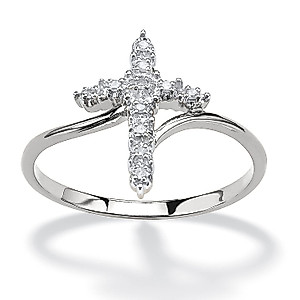 Savlano 18K White Gold Plated Round Cut Cubic Zirconia Accent Vertical Cross Bypass Band Ring Women Religious Ring (6)