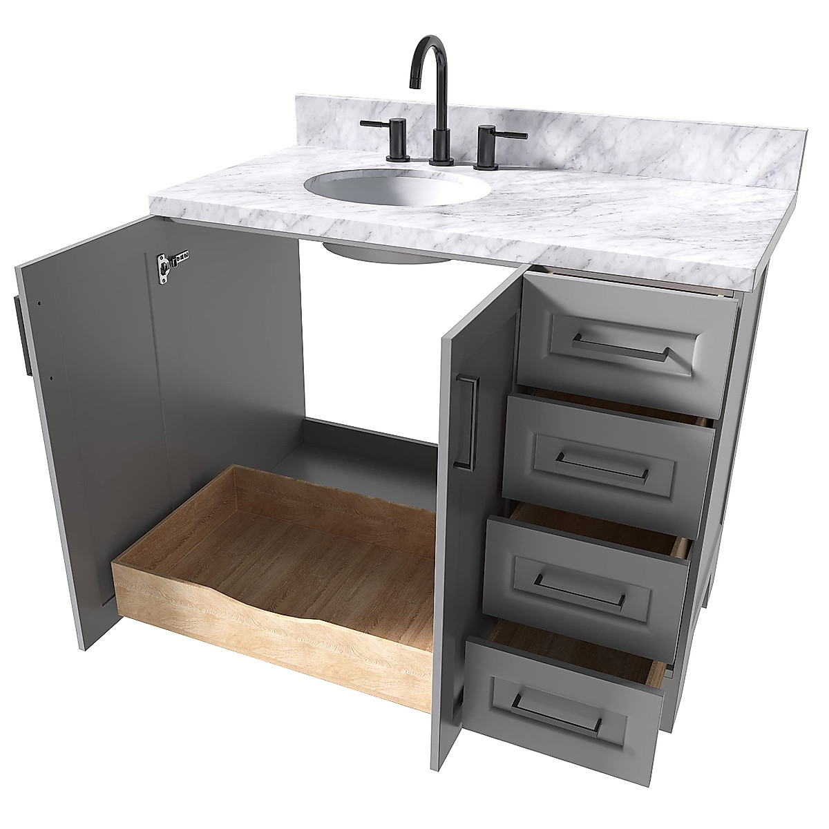 ARIEL 43" Grey Bathroom Vanity with 1.5" Edge Italian Carrara Marble Countertop & Backsplash, Left Oval Sink, 2 Soft Closing Doors, 5 Full Extension Dovetail Drawers, Toe Kick, Matte Black