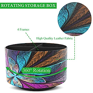 Hennaja Round Leather Art Supply Organizer,Remote Control Holder,360 Degree Rotating,Multi-Functional Pencil Holder,4 Compartments Desktop Stationary Organizer(1-Fractal Flower)