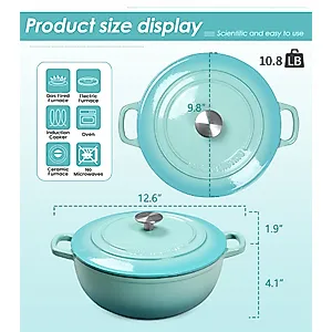 EDGING CASTING Enameled Cast Iron Dutch Oven with Lid, Bread Oven Dual Handle, Cookware Pot, Suitable For Bread Baking, 3.5 Quart, Peacock Blue