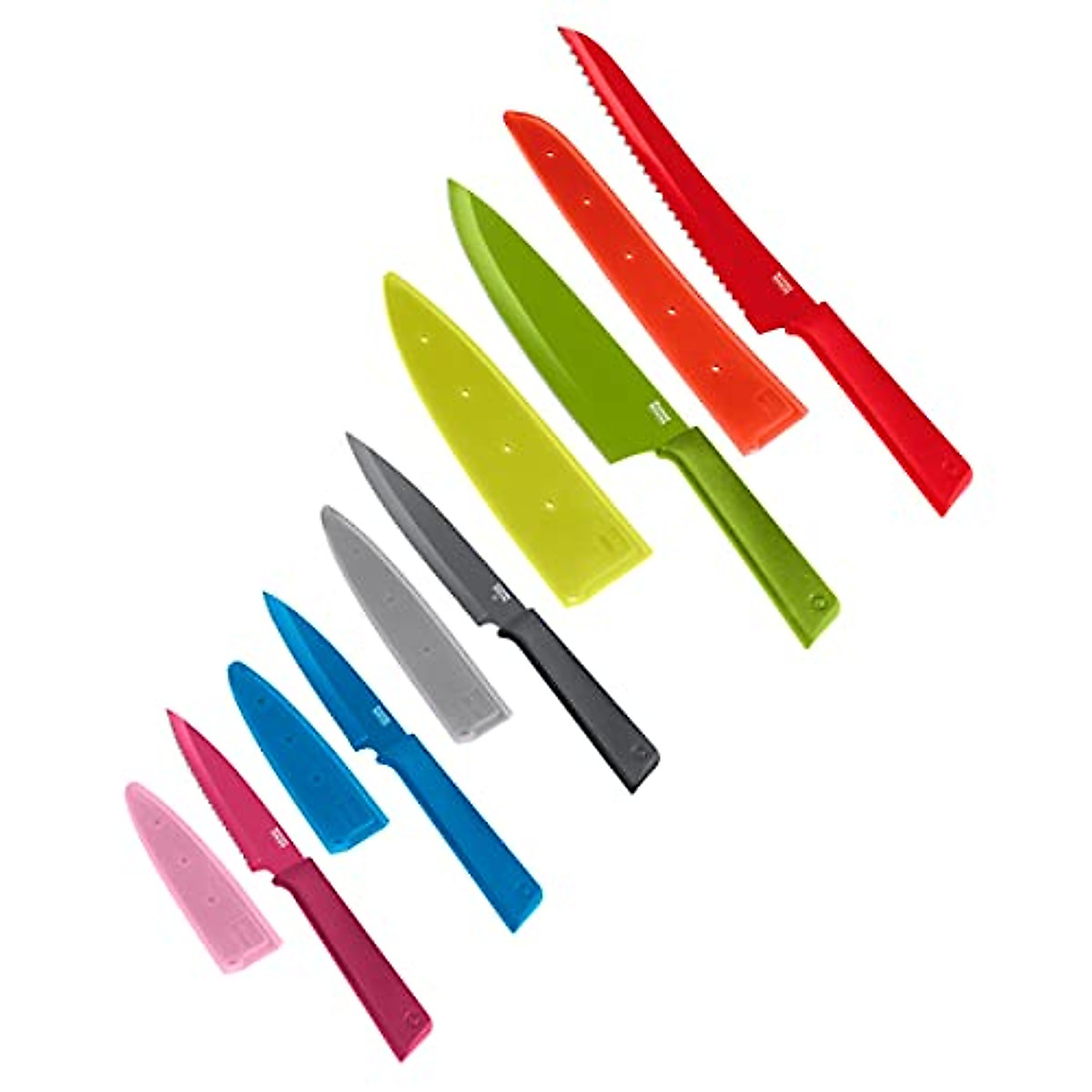 KUHN RIKON COLORI+ Mixed Knife Set with Non-Stick Coating and Safety Sheaths, Set of 5, Fuchsia, Blue, Graphite Grey, Green and Red