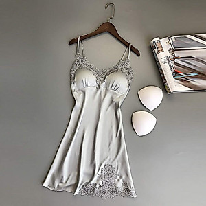 Aniywn Women Babydoll Nightgown Chemises Lace Lingerie Sleepwear Sexy V-Neck Full Slip Sleepdress Spaghetti Strap Nightdress Silver