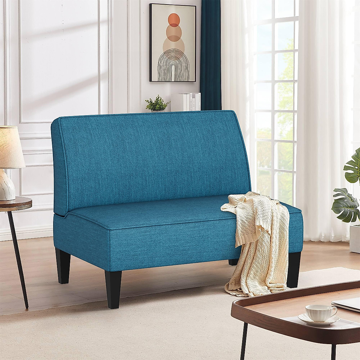 Changjie Furniture Small Loveseat Sofa, Upholstered Small Sofa Couch Mini Love seat Sofas for Bedroom Living Room (Blue)