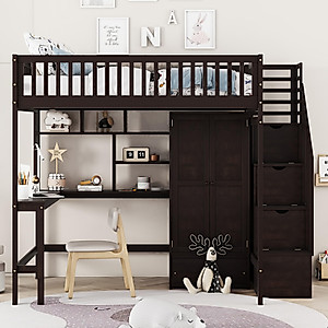 Full Size Loft Bed with Desk, Wardrobe, High Loft Bed Frame with Storage Staircases, Drawer Solid Wood Loft Beds for Kids, Boys and Girls,Teens, No Box Spring Needed (Espresso)