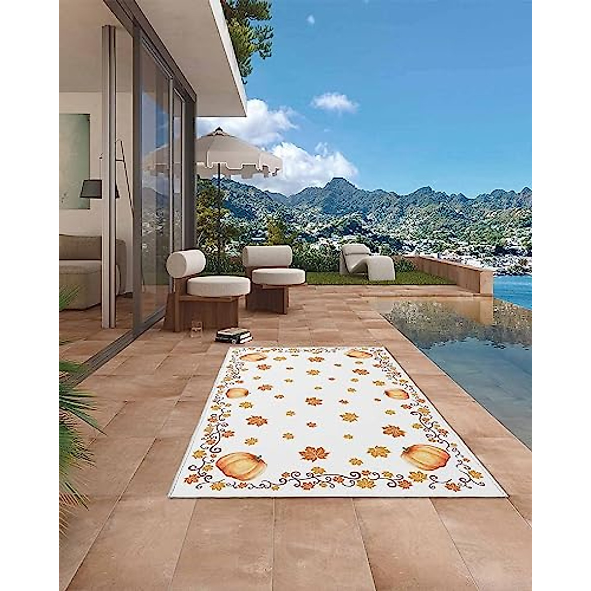 Pumpkin Outdoor Area Rug 4'x6',Patio Balcony Porch Front Door Camping Camper Deck Runner Rug,Washable Carpet Indoor Living Room/Kitchen,Hallway Floor Mat Fall Thanksgiving Maple Leaves Orange Autumn