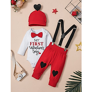 Baby Boy Valentines Day Outfit, Cute Letter Printed Long Sleeve Romper with Bow Tie + Pants + Hat 3Pcs Set