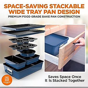 NutriChef 8-Piece Nonstick Stackable Bakeware Set - PFOA, PFOS, PTFE Free Baking Tray Set w/Non-Stick Coating, 450°F Oven Safe, Round Cake, Loaf, Muffin, Wide/Square Pans, Cookie Sheet (Blue)