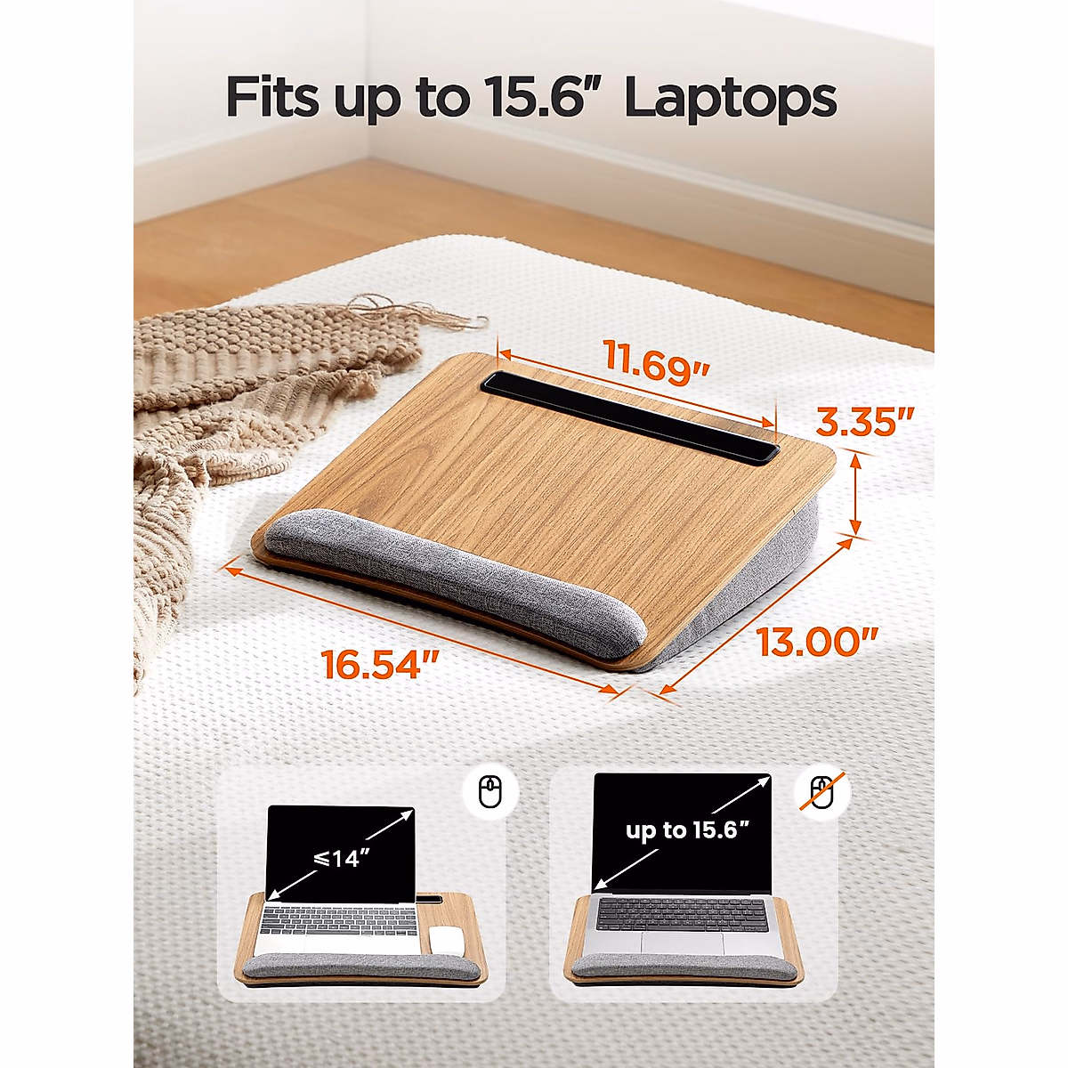 LORYERGO Lap Desk, Lap Desk for Laptop, Fits up to 15.6", Lap Stand for Bed & Couch, Laptop Lap Desk with Cushion, w/ Wrist Pad & Media Slot, for Adult & Kid -LELD12