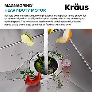 Kraus KWD100-75MBL WasteGuard Continuous Feed Garbage Disposal with 3/4 Horsepower Ultra-Quiet Motor for Kitchen Sinks with Power Cord and Flange Included, 15.25 inch, Black