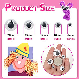 TOAOB 200pcs Black Wiggle Googly Eyes Self Adhesive with Eyelashes Round 8mm 10mm 12mm 15mm 20mm Plastic Sticker Eyes for DIY Crafts Scrapbooking Decoration
