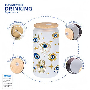 vradcorel Evil Eye Glass Cups With Bamboo Lids And Straws - Iced Coffee Cup Home Decor -Ojo Turco Drinking Glasses for Beer -Cute Can Shaped for Latte,Soda,Smoothie Whiskey -Gift for Women