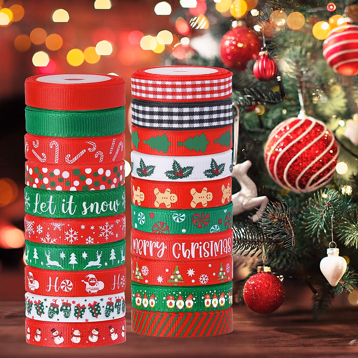 Vloso 20 Rolls 100 Yards Christmas Ribbon for Gift Wrapping,3/8 Inch Christmas Grosgrain Ribbon,Christmas Ribbon for Crafts DIY Holiday Christmas Decorations