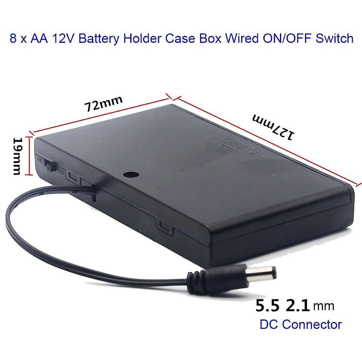 8x1.5V AA Battery Holder Case Box with DC 5.5x2.1mm Male Connector ON/Off Switch with Cover Pack of 2 (12V)