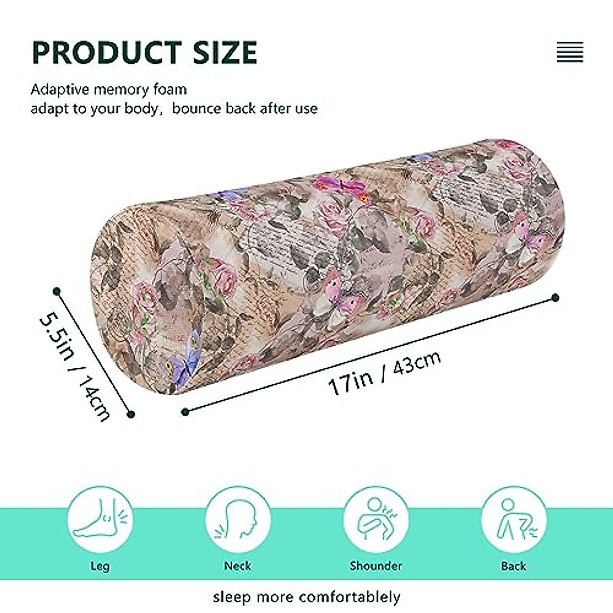 Vnurnrn Stamps Rose Flowers Butterflies Neck Support Pillow Round Neck Roll Bolster Cylinder Pillow Cervical Pillows Round Neck Pillow for Leg Knee Back Head Support for Camp Study Work Men