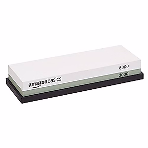 Amazon Basics Whetstone Knife Sharpening Wet Stone - Dual-Sided 3000/8000 Grit with Non-Slip Bamboo Base, 18 x 6.1 x 2.8 cm, Black & Grey, 1 Pc